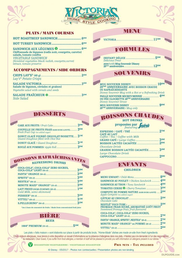 Victoria's Home-Style Restaurant menu — DLP Guide • Disneyland Paris ...